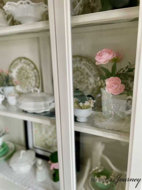 Vintage Spring Decor Styled in a Hutch - The Antiqued Journey