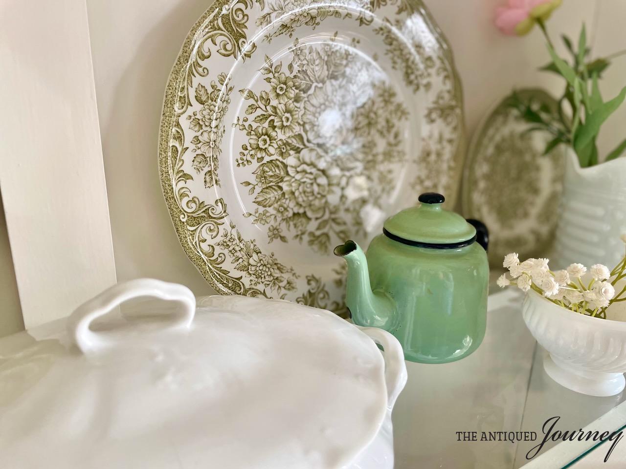 Vintage Spring Decor Styled in a Hutch - The Antiqued Journey