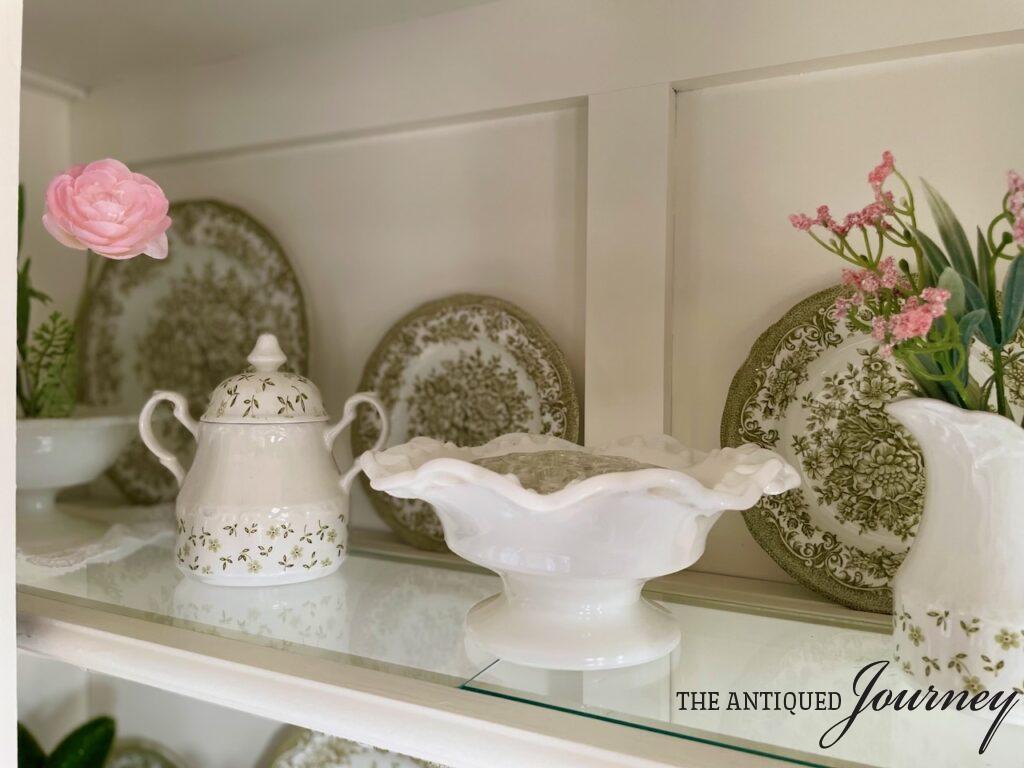 Vintage Spring Decor Styled in a Hutch - The Antiqued Journey