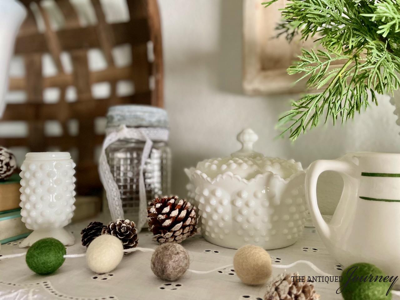Living Room Winter Decor with Vintage Milk Glass - The Antiqued Journey