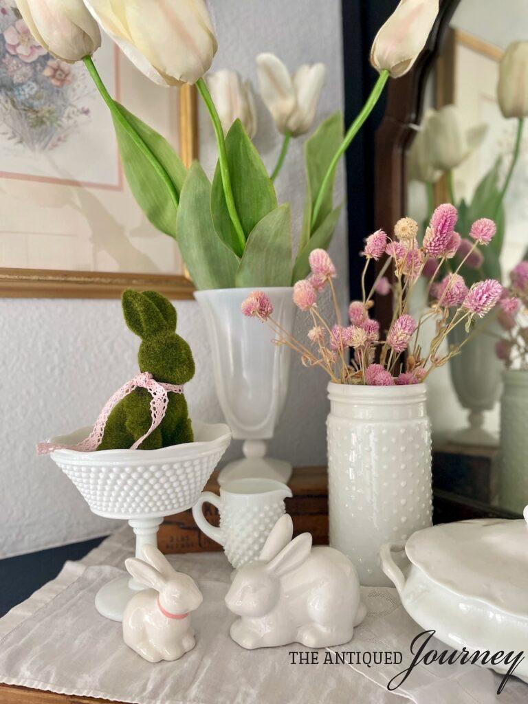 Vintage Spring Mantel Decor Ideas with Milk Glass - The Antiqued Journey